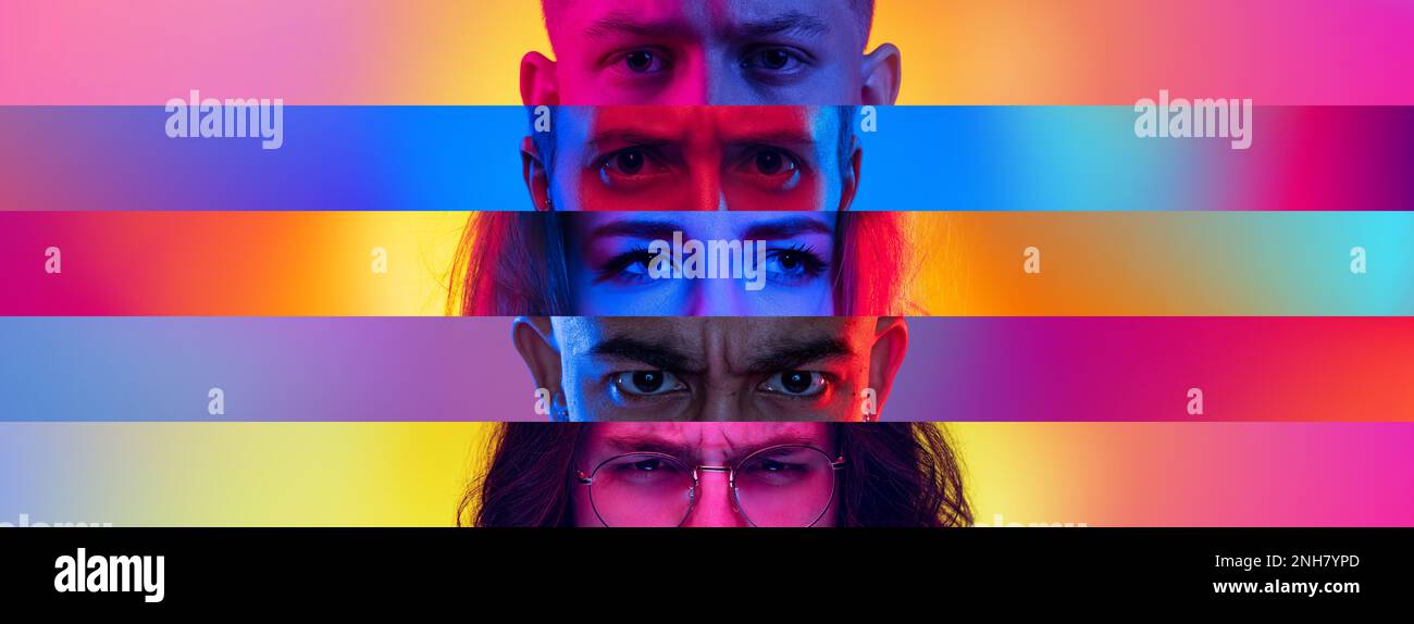 Collage. Serious deep look. Male and female eyes placed on narrow ...