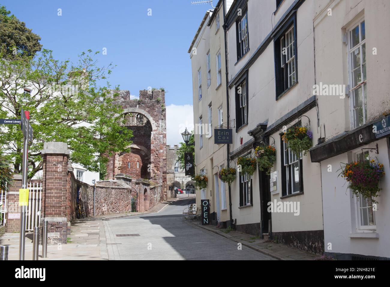 Views of Castle Street and Castle Gatehouse in Exeter, Devon in the UK ...