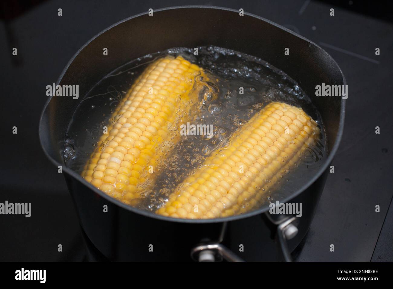Sweetcorn boiling in a pan on the hob Stock Photo - Alamy