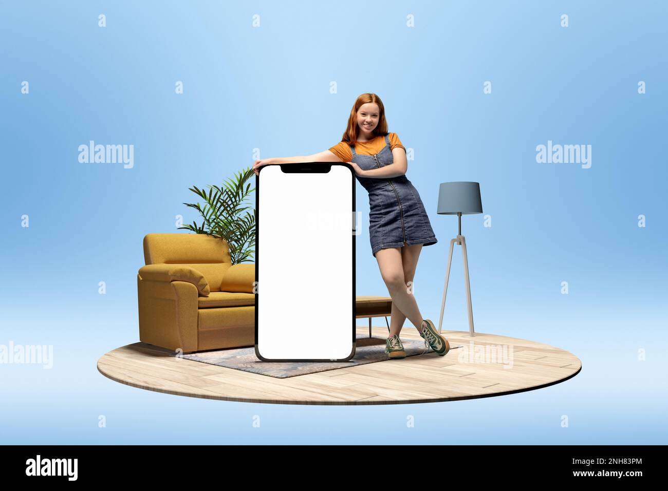 Young positive happy smiling woman standing near huge 3D model of phone screen. Online shopping ...