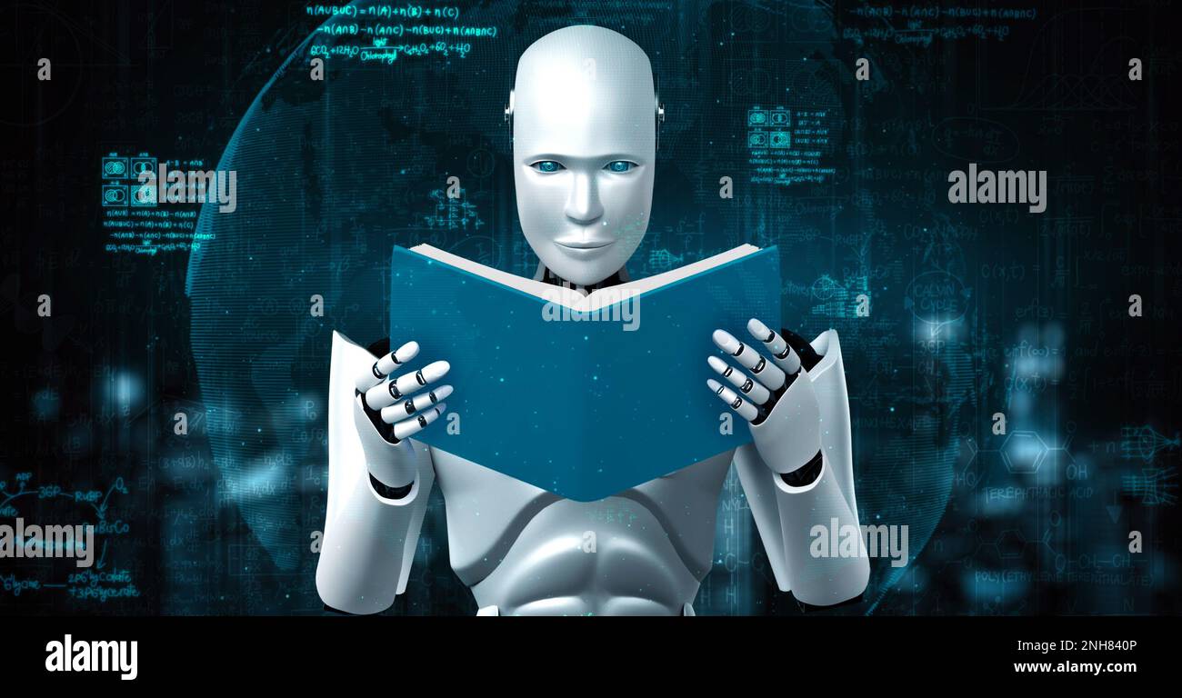 3D rendering of robot hominoid reading book and solving math data analytics in concept of future ...