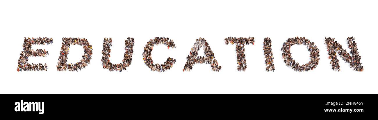 Conceptual large community of people forming the word EDUCATION. 3d ...