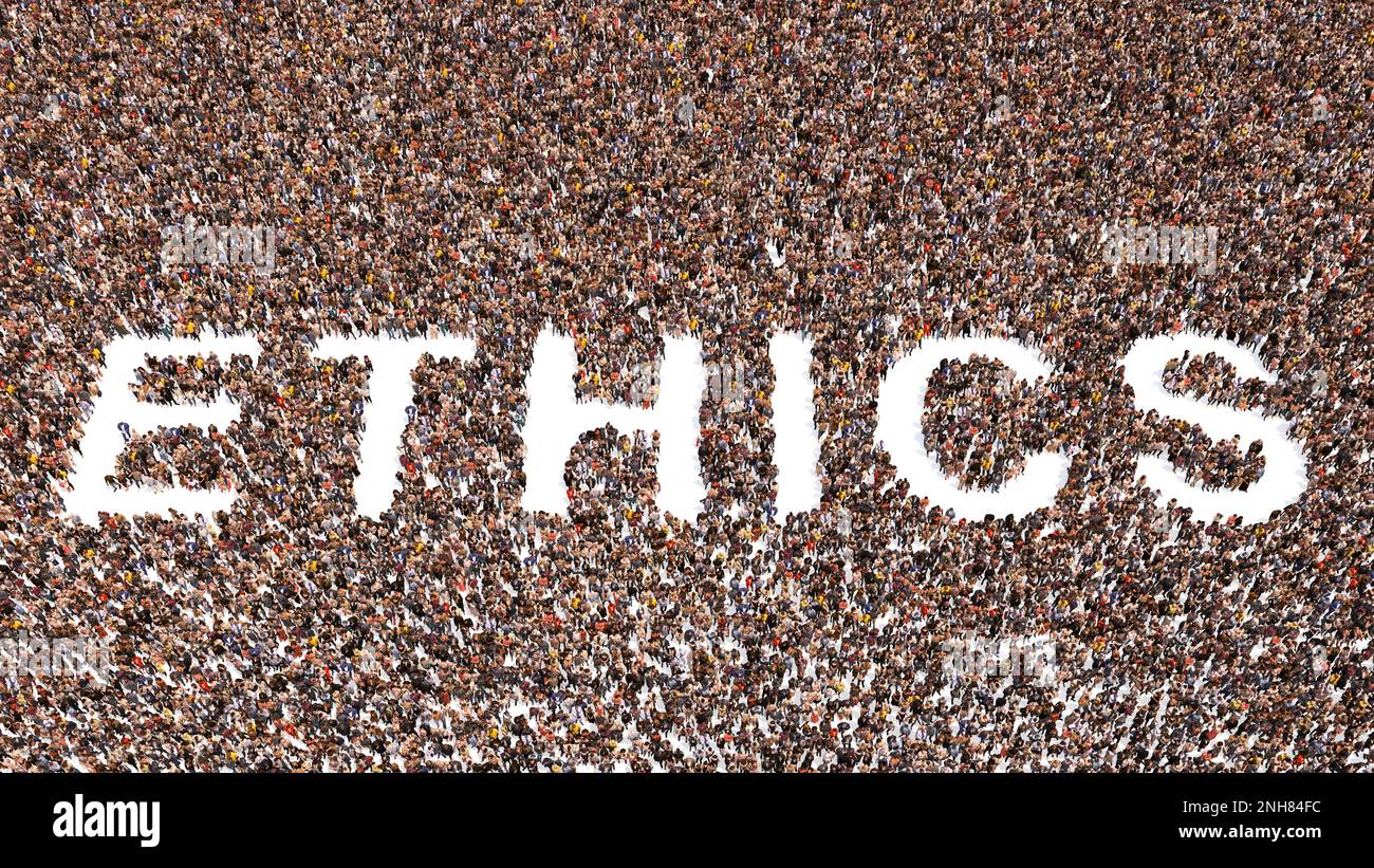 Concept conceptual large community of people forming the word ETHICS ...