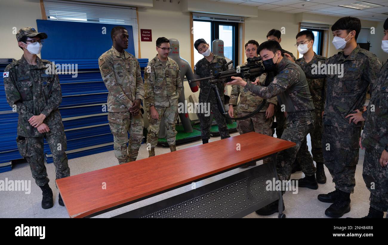 A Republic of Korea Air Force Airman holds a 240 Bravo automatic rifle ...