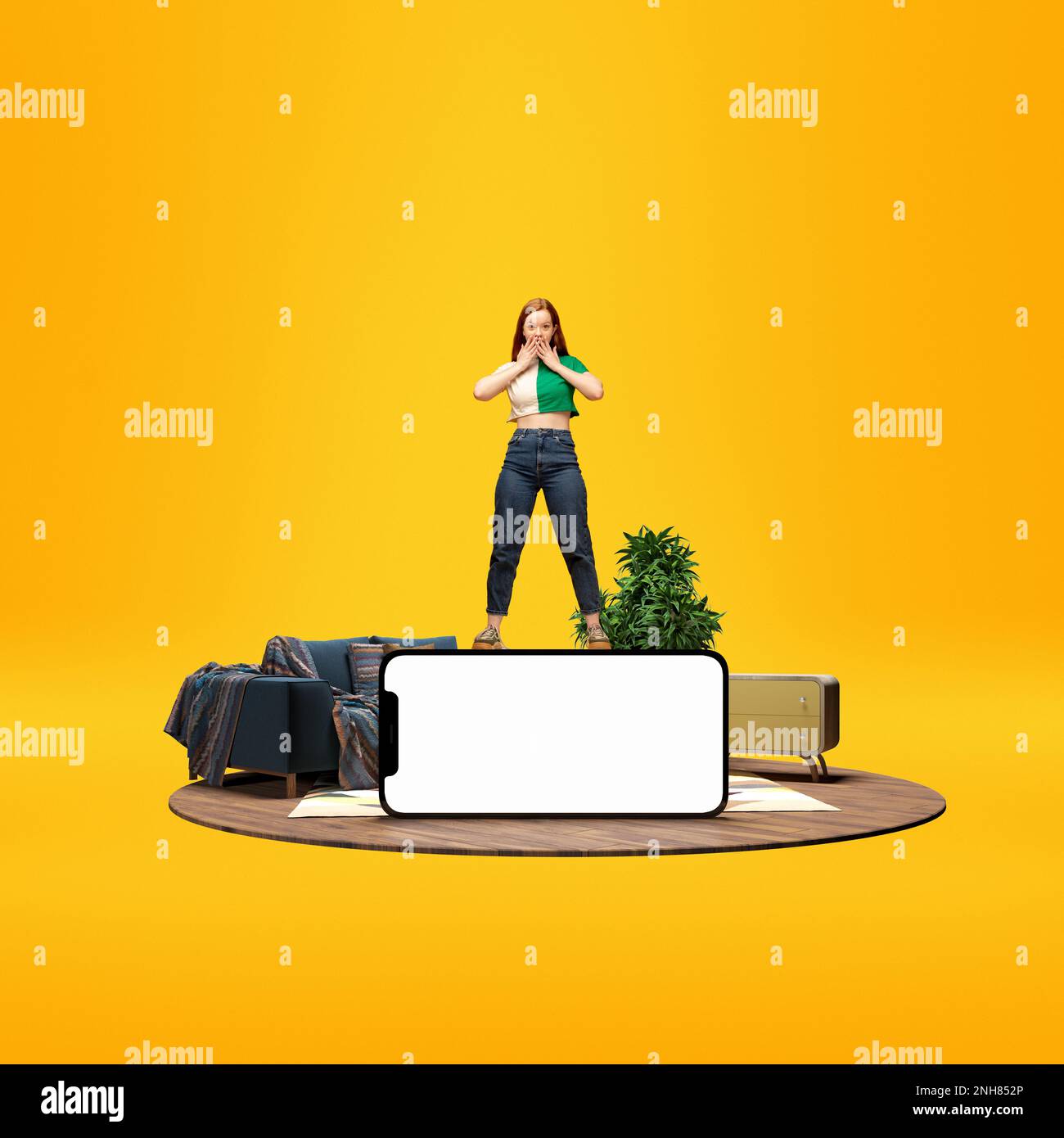 Excited shocked young girl standing on giant 3D model of phone with ...