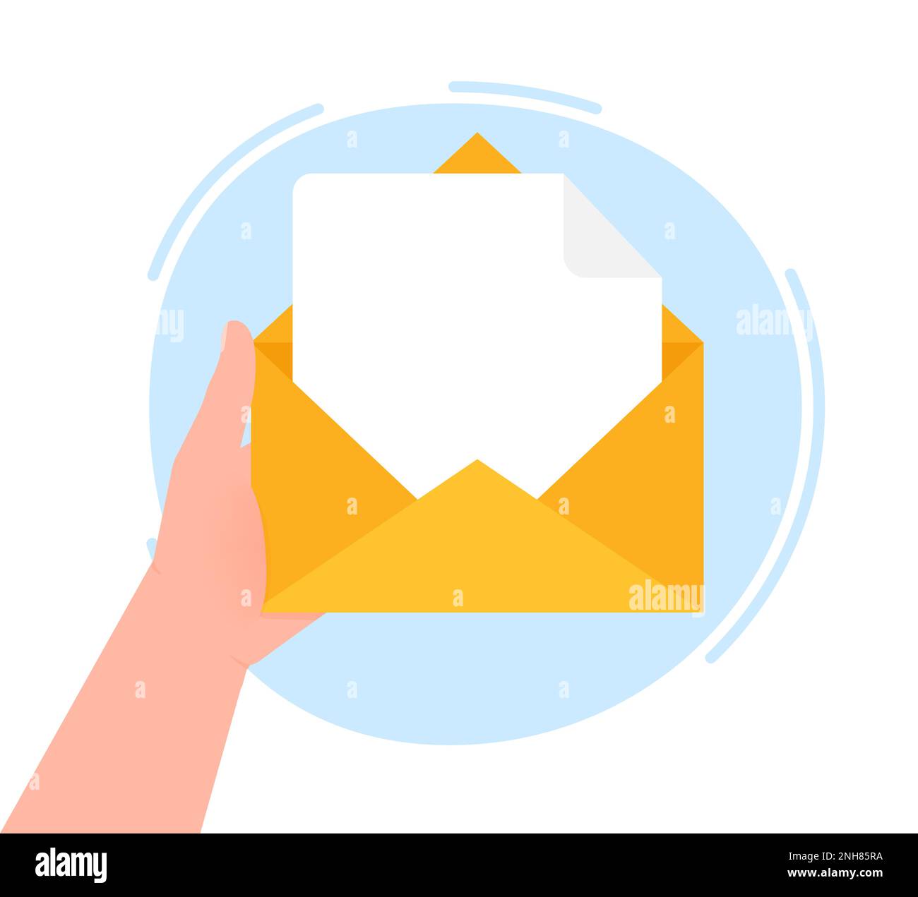 Hand holding a open blank letter. Opened envelope. Sending message ...