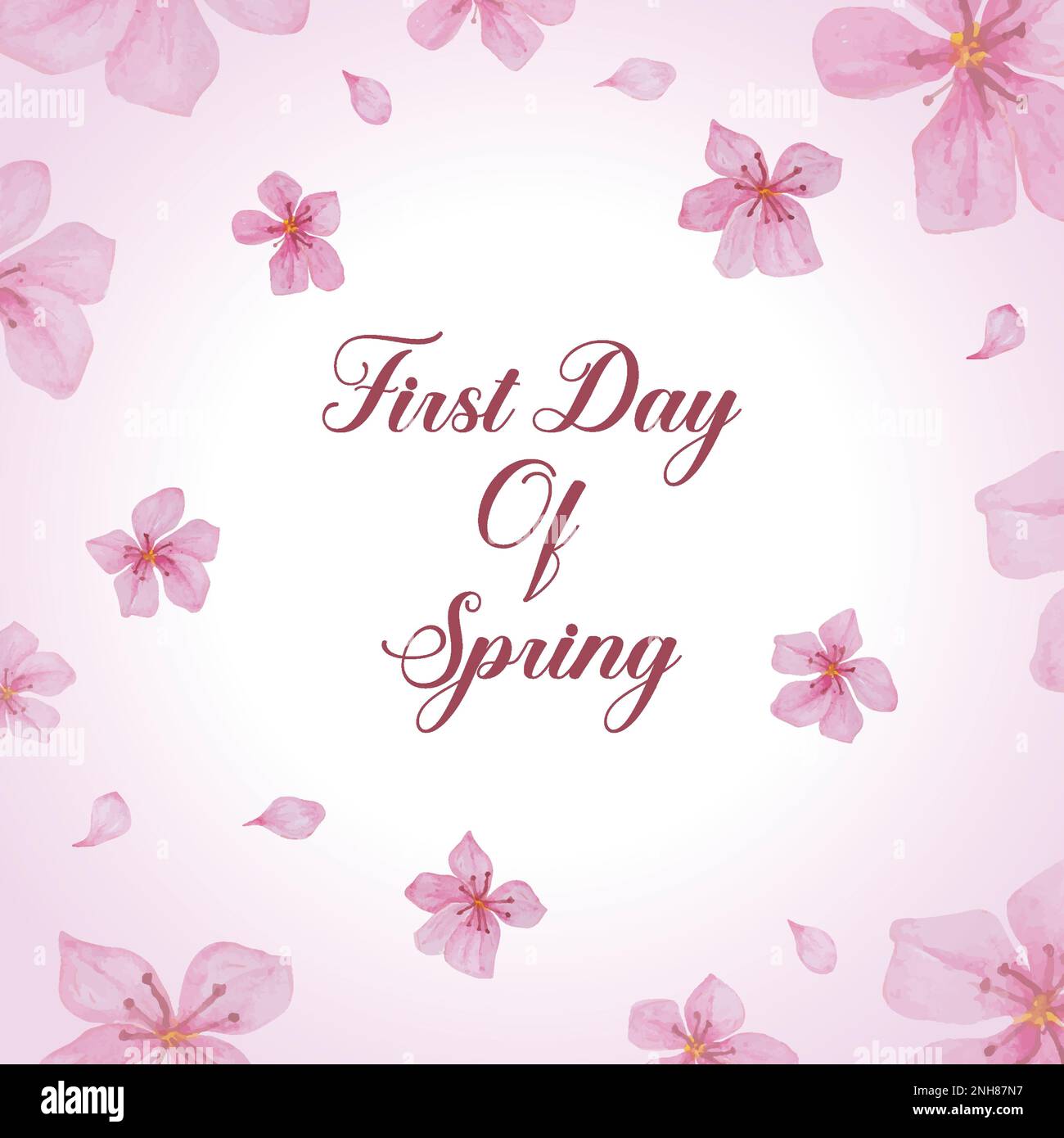 First day of spring lettering. Realistic pink sakura flower on a white ...