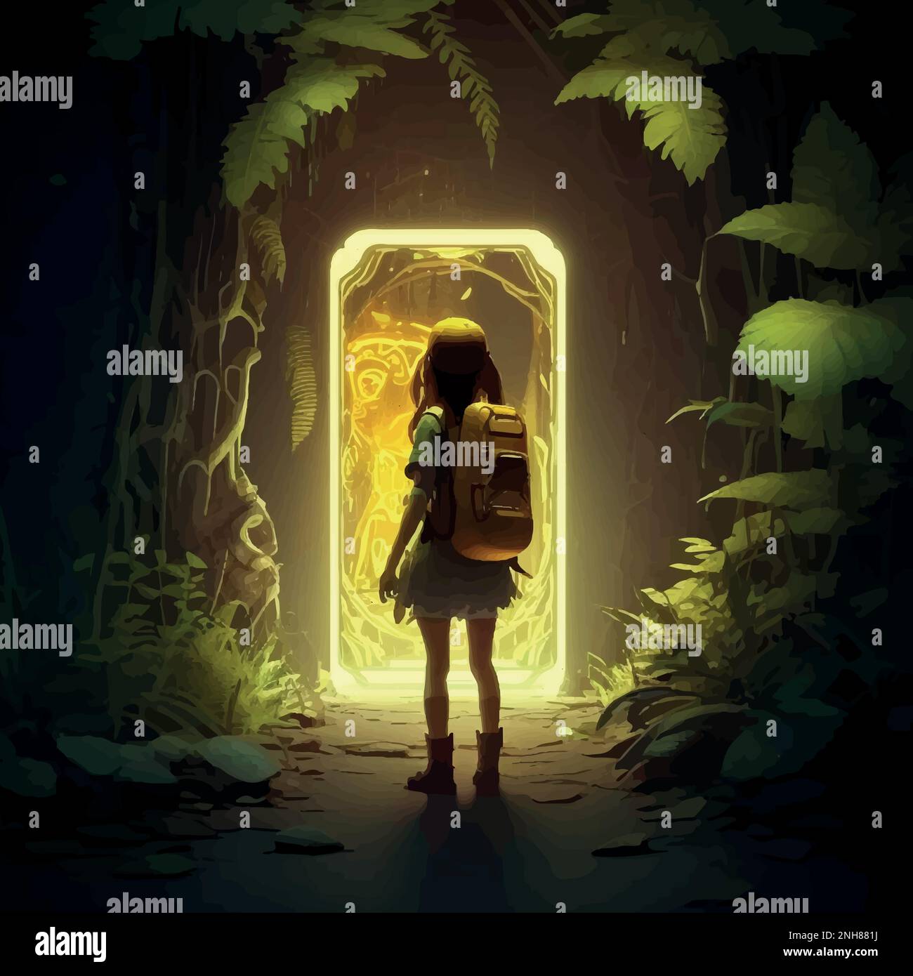 The girl looks at the magical luminous gate. 3d cartoon illustration of ...