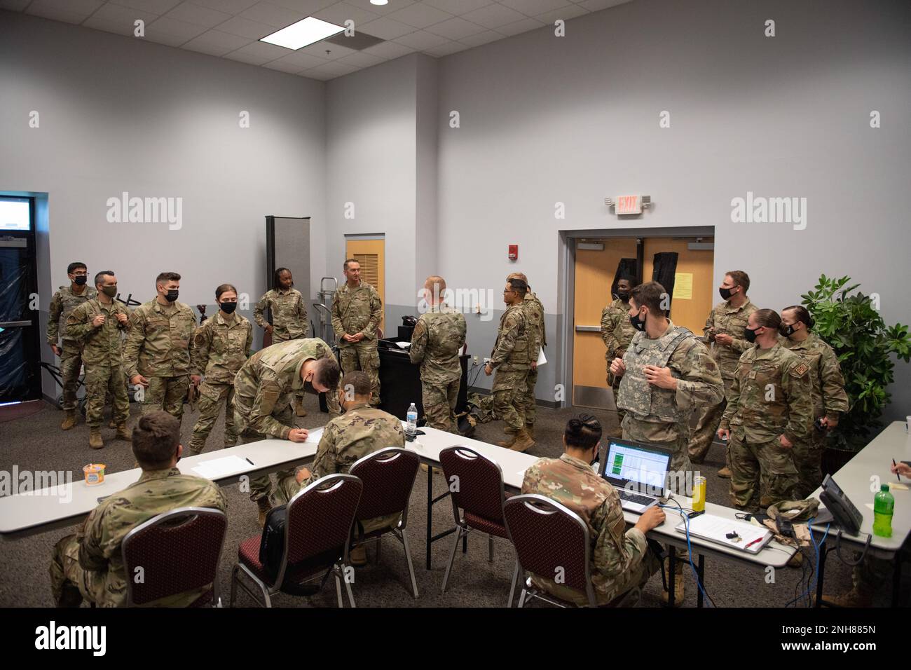 U.S. Air Force Airmen assigned to the 23rd Wing, out-process through a ...