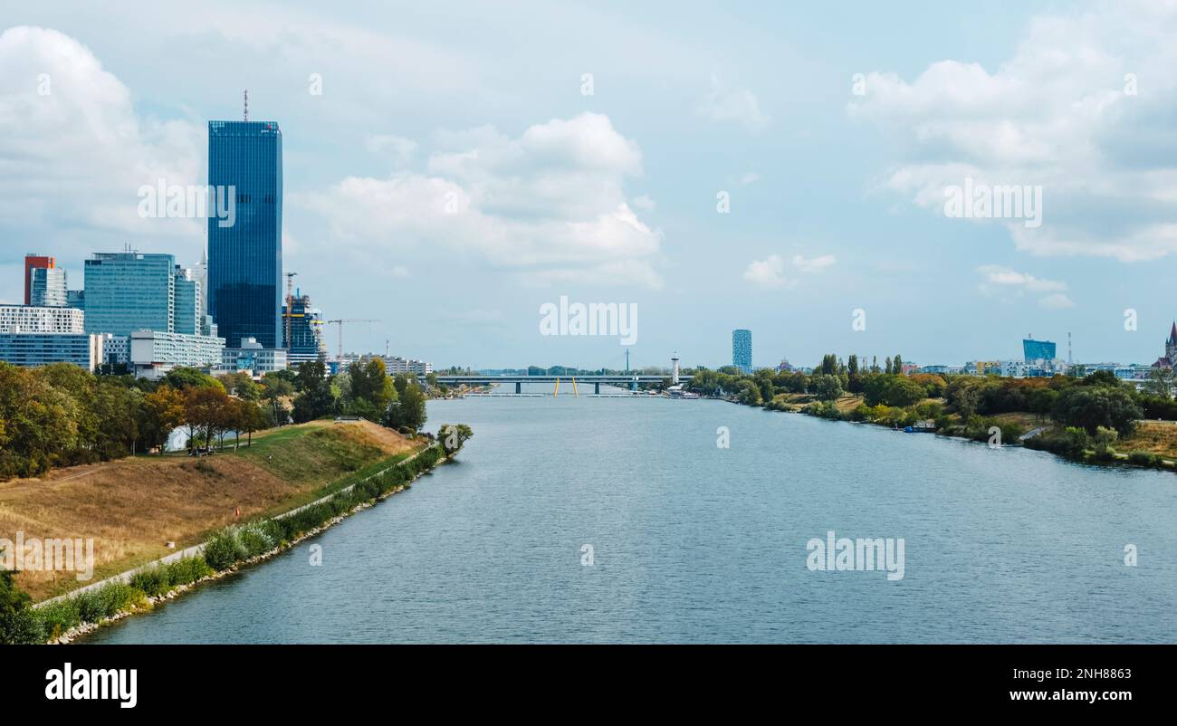 Vienna, Austria - August 28, 2022: A view of Danube river and Donau ...