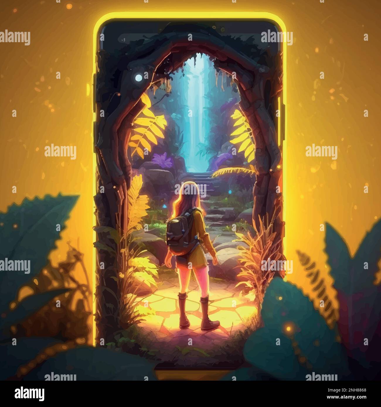 The girl looks at the magical luminous gate. 3d cartoon illustration of ...