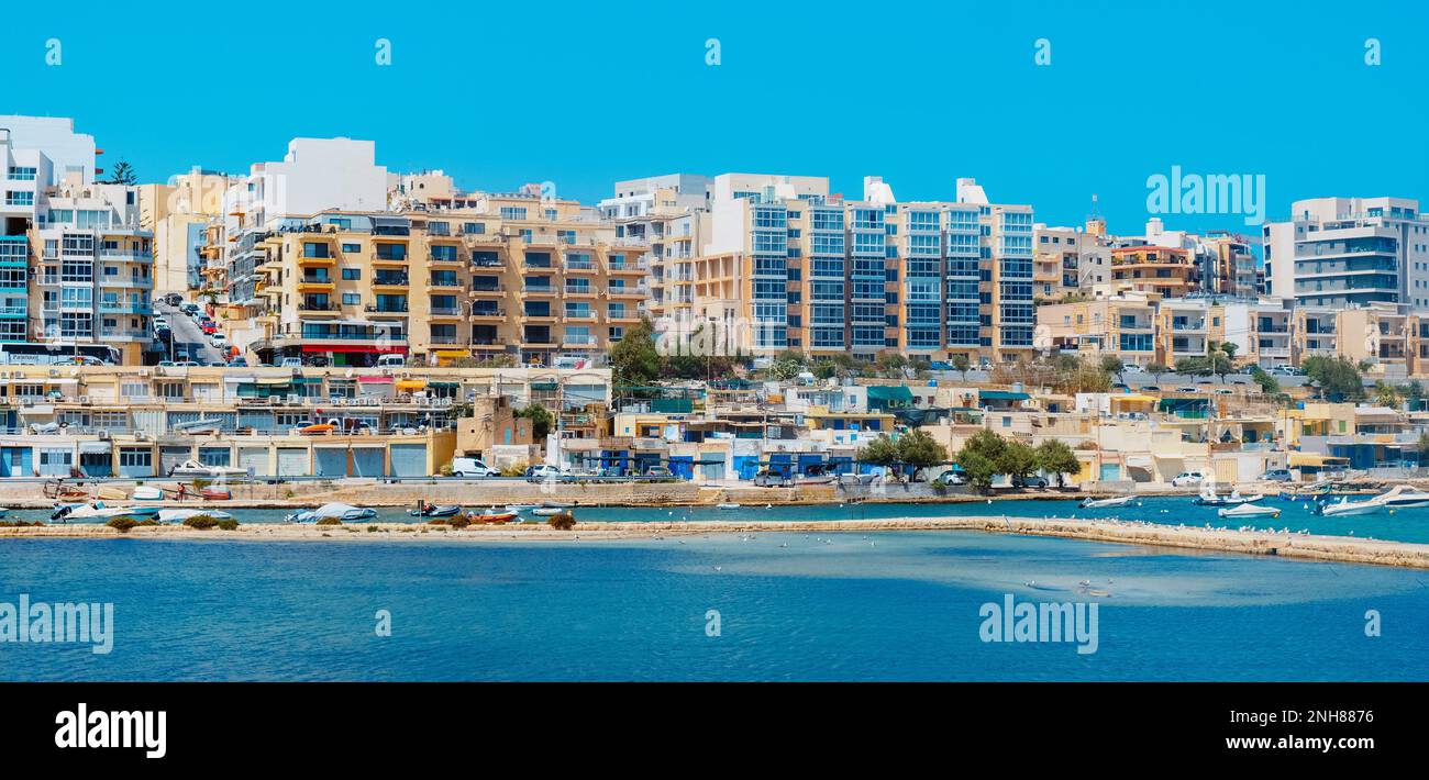 St Pauls Bay, Malta - September 5, 2022: A panoramic view of Qawra, in ...