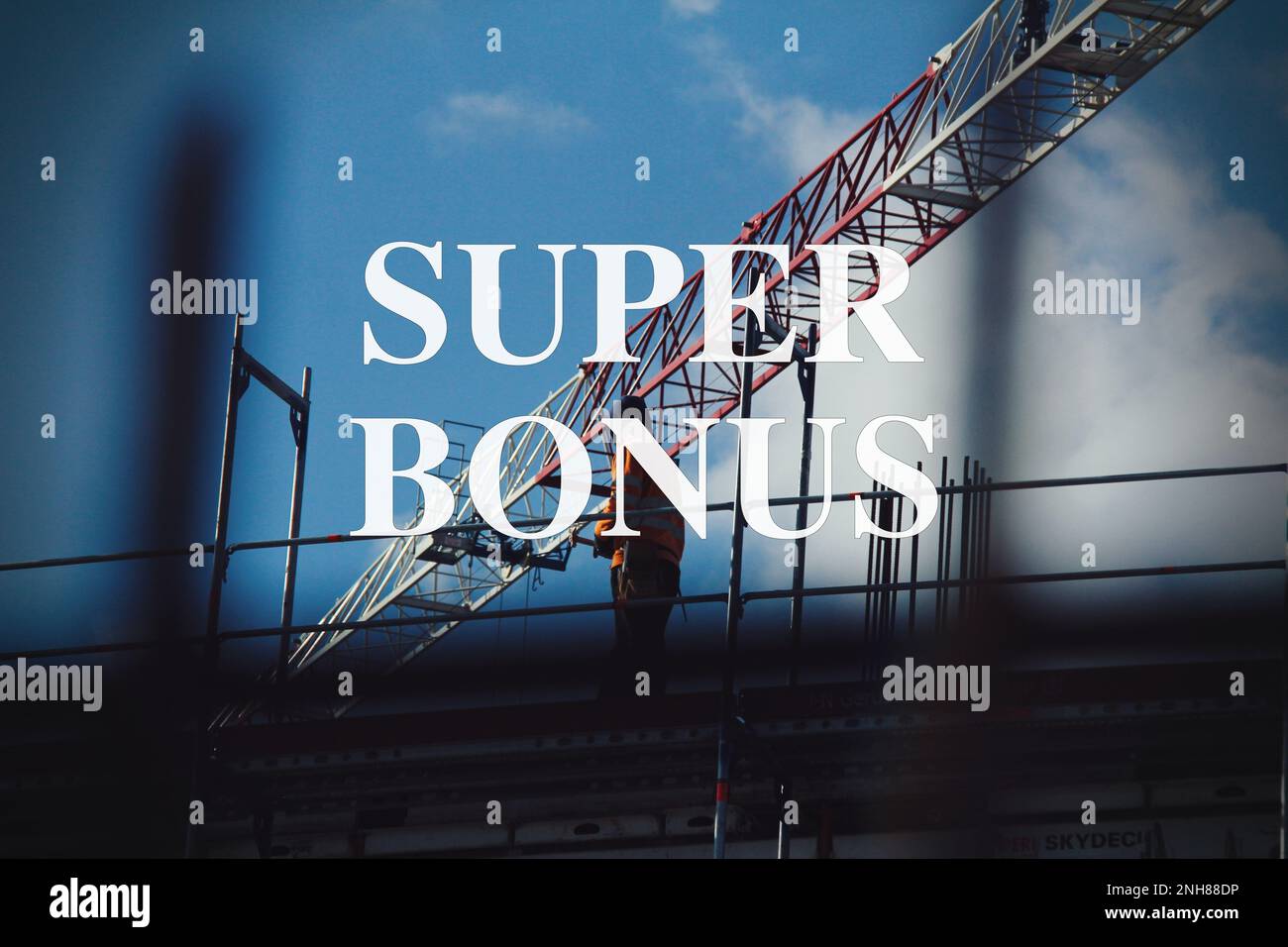Construction worker at work with a blue sky as background with the text ...