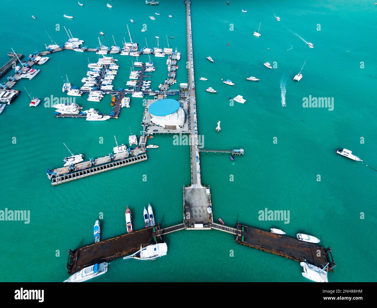 Aerial View Top down Drone shot of Yacht and sailboat parking in marina ...