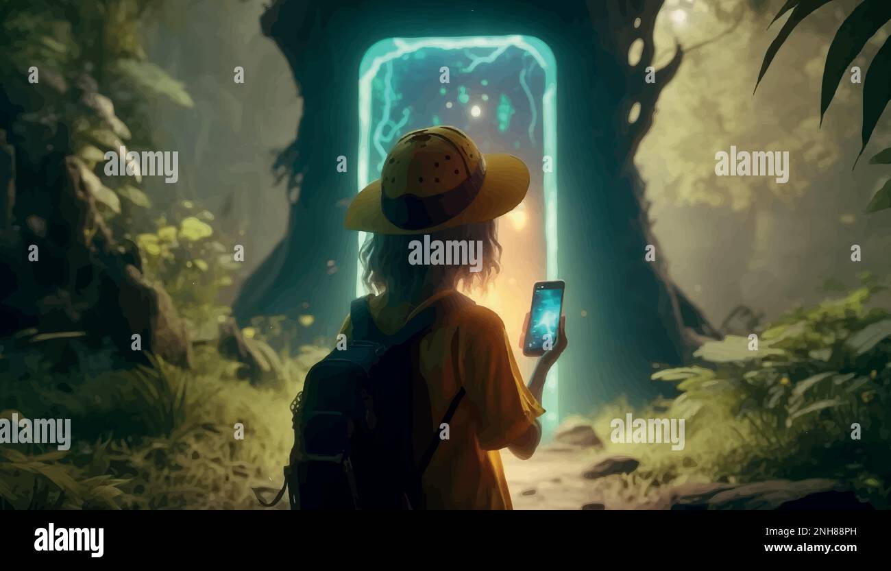 The girl looks at the magical luminous gate. 3d cartoon illustration of ...
