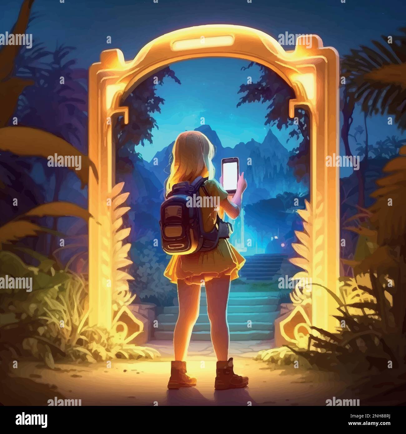 The girl looks at the magical luminous gate. 3d cartoon illustration of ...