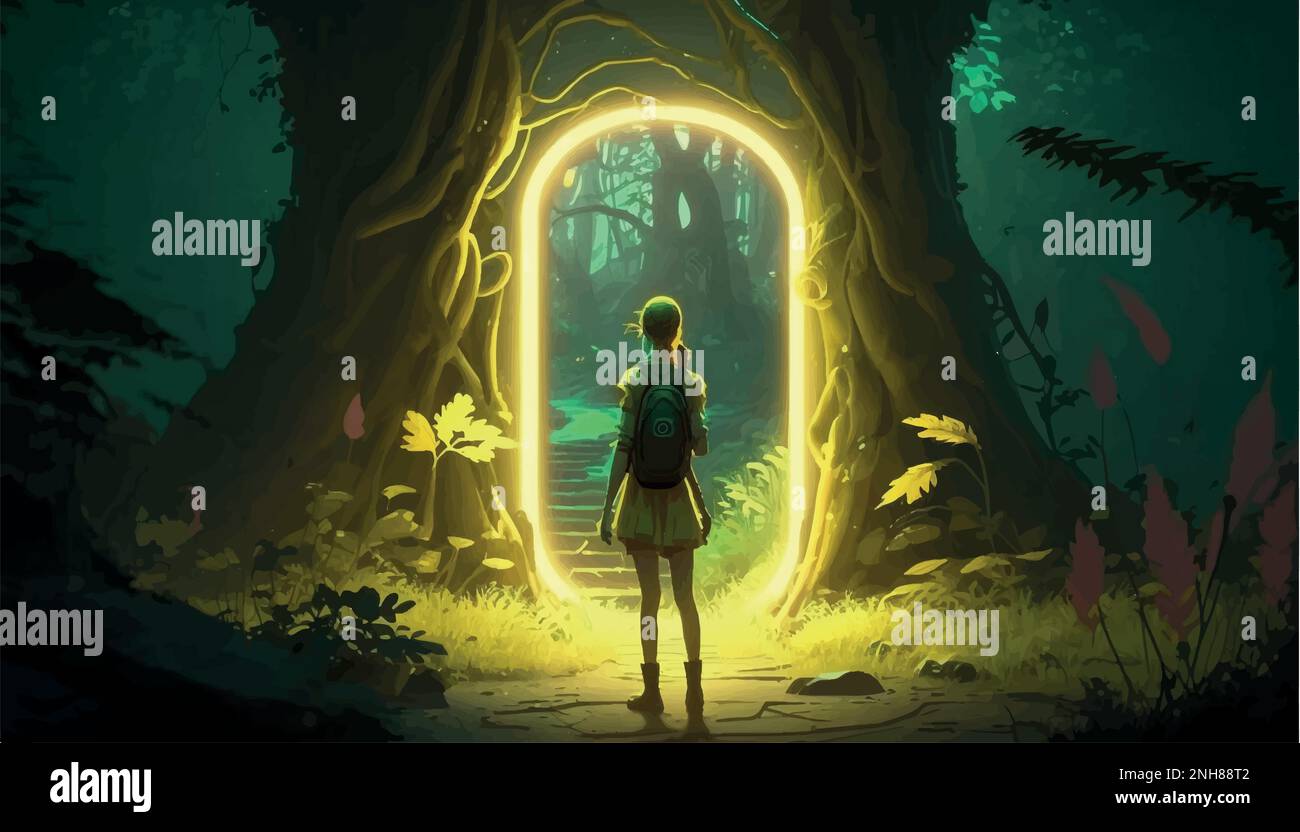 The girl looks at the magical luminous gate. 3d cartoon illustration of ...