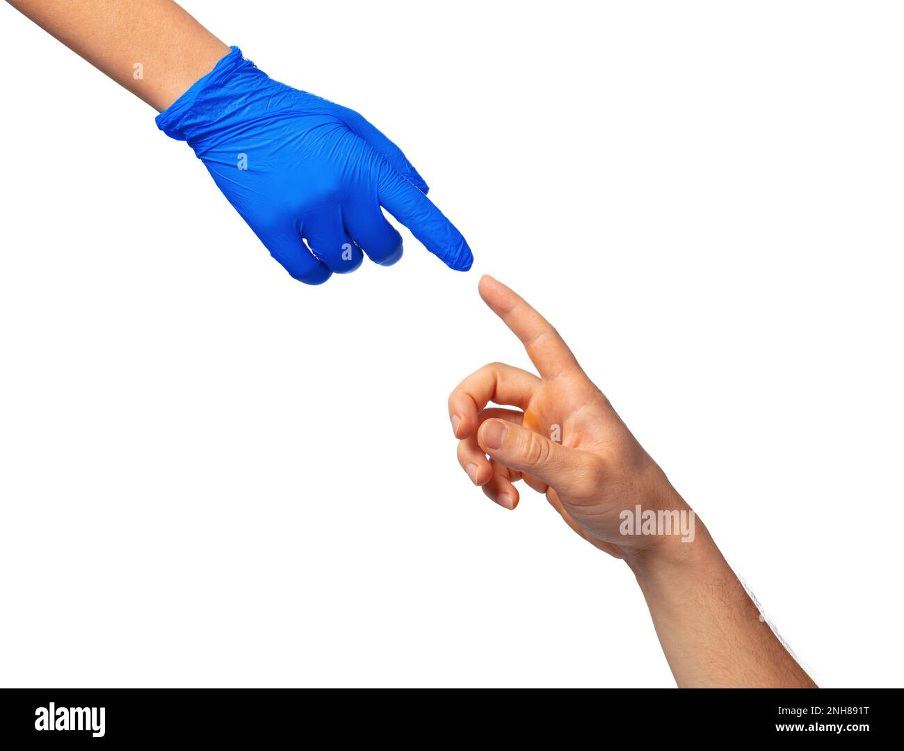 Male and female hands in medical gloves stretch to each other. Help ...