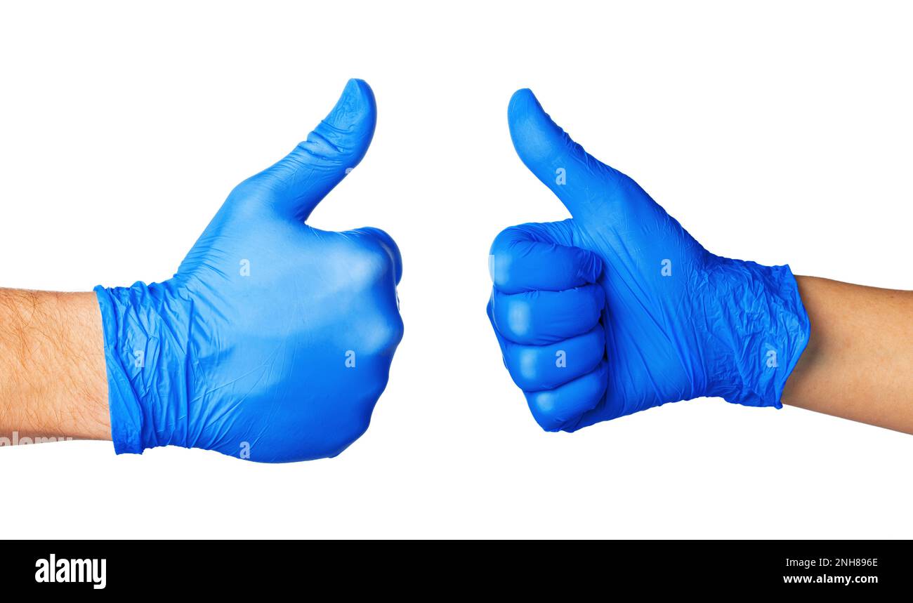 Two Hands in blue gloves isolated on white with thumb up Stock Photo ...