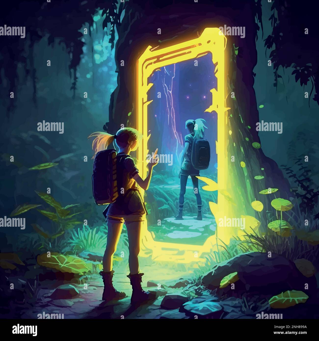 The girl looks at the magical luminous gate. 3d cartoon illustration of ...