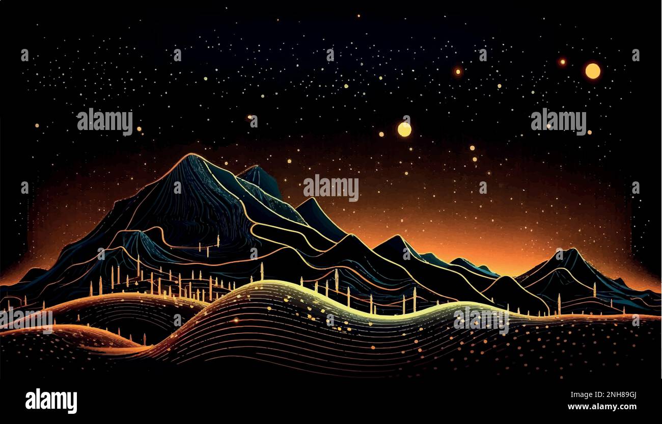 Abstract mountains landscape with stars on the horizon. Futuristic ...