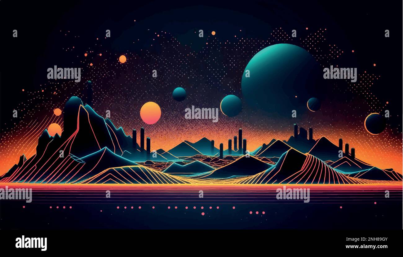 Abstract mountains landscape with stars on the horizon. Futuristic ...