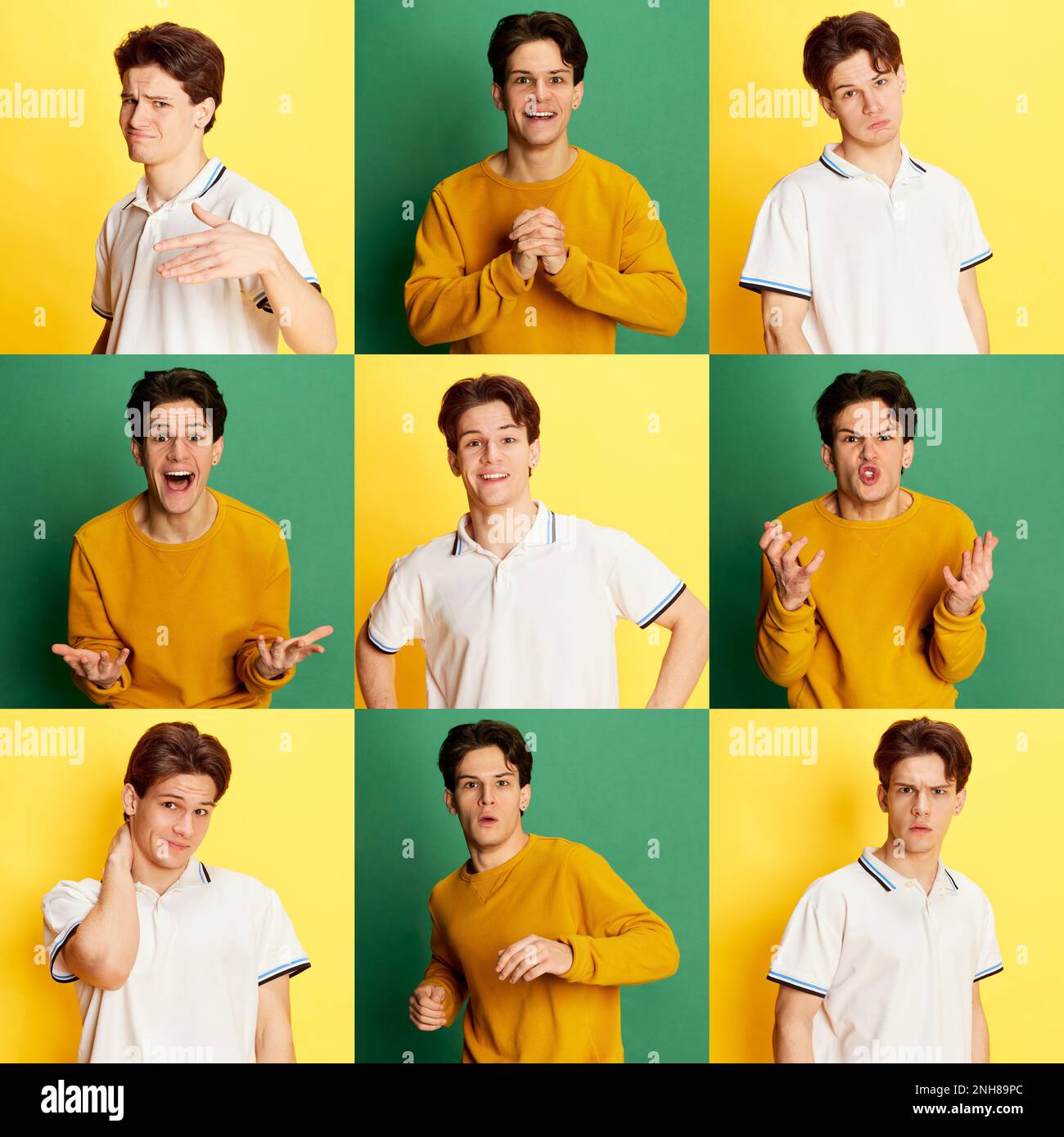 Collage made of closeup portraits of young man expressing different ...