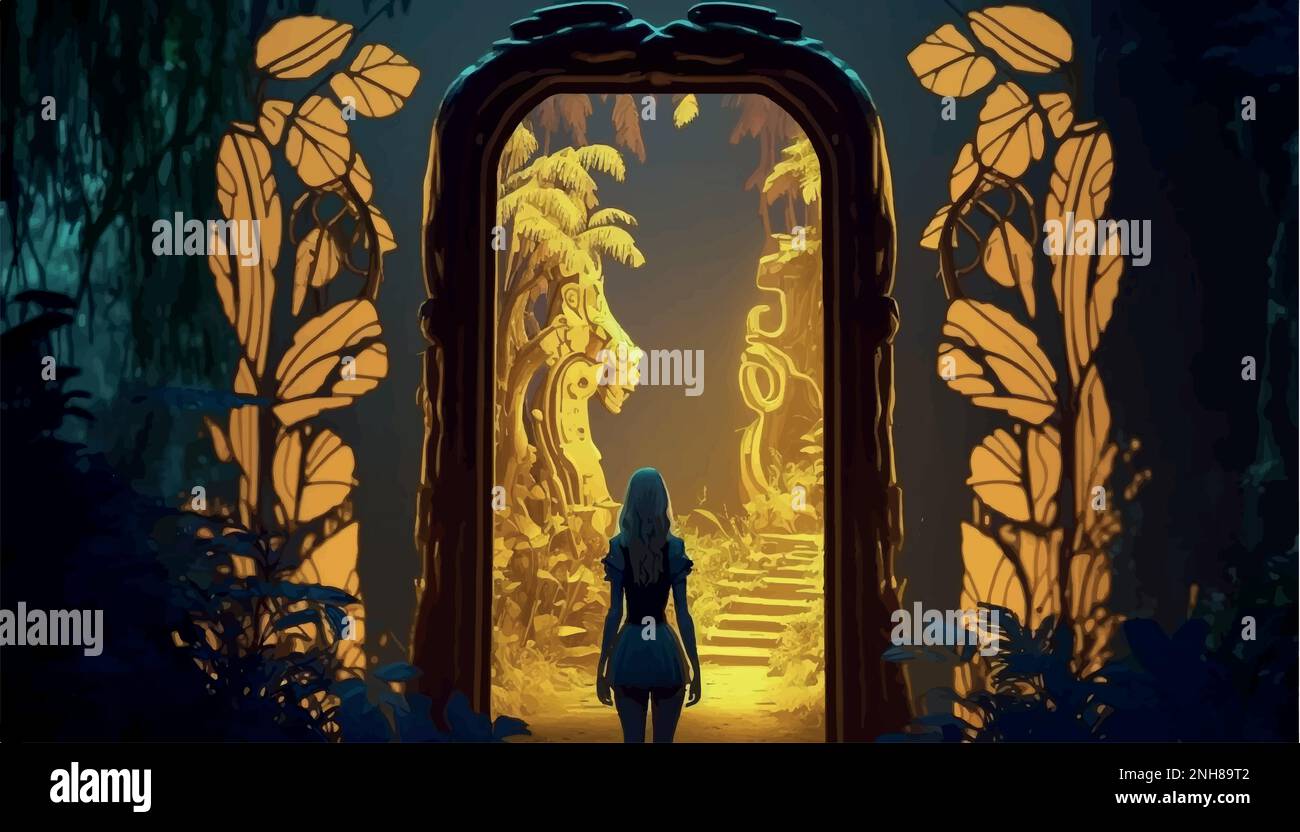 The girl looks at the magical luminous gate. 3d cartoon illustration of ...