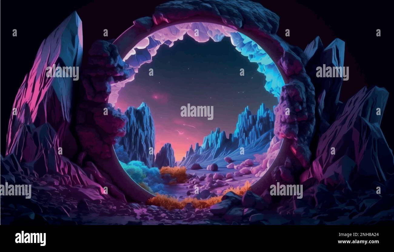 Abstract background with round portal, neon light, virtual reality ...