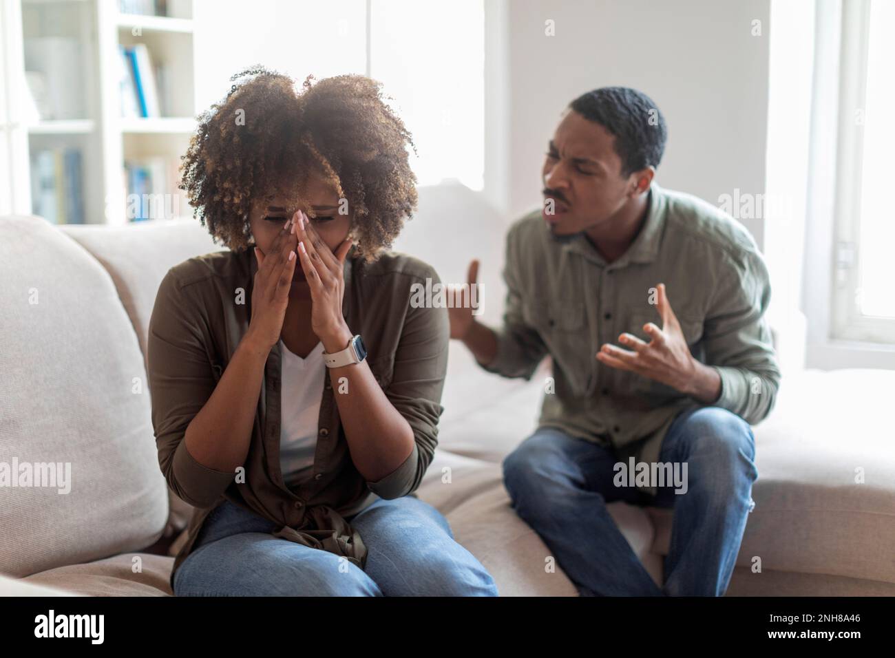Abusive Black Husband Arguing Yelling Blaming Crying Wife Home