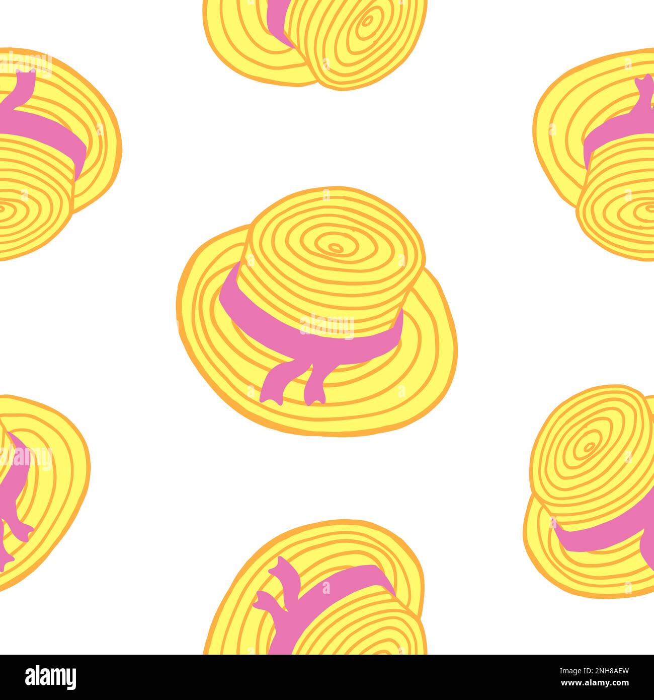 Straw hat. Hand drawn vector seamless pattern in cartoon flat style ...