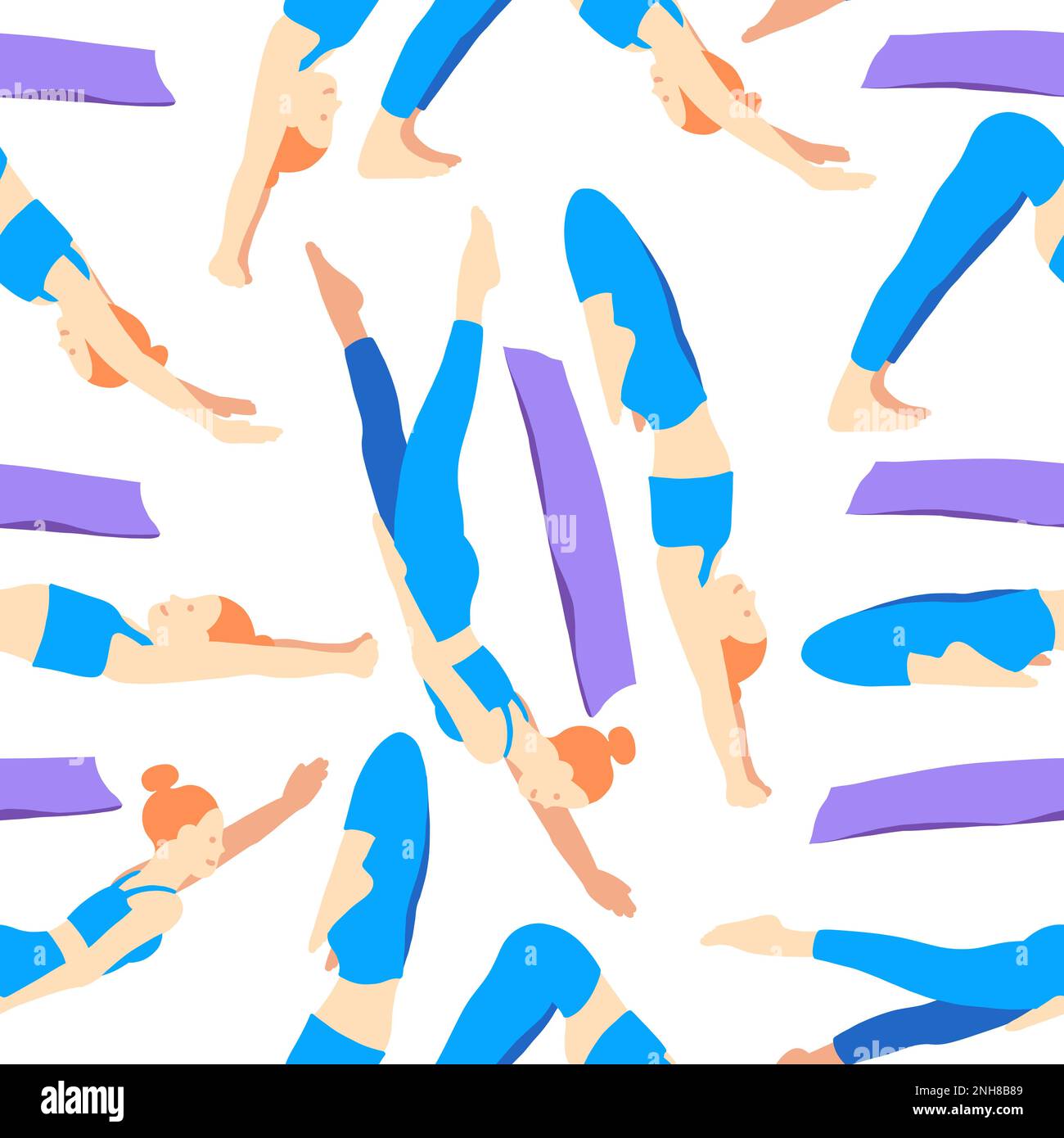 Yoga poses with mat seamless pattern wallpaper. Ginger European female ...