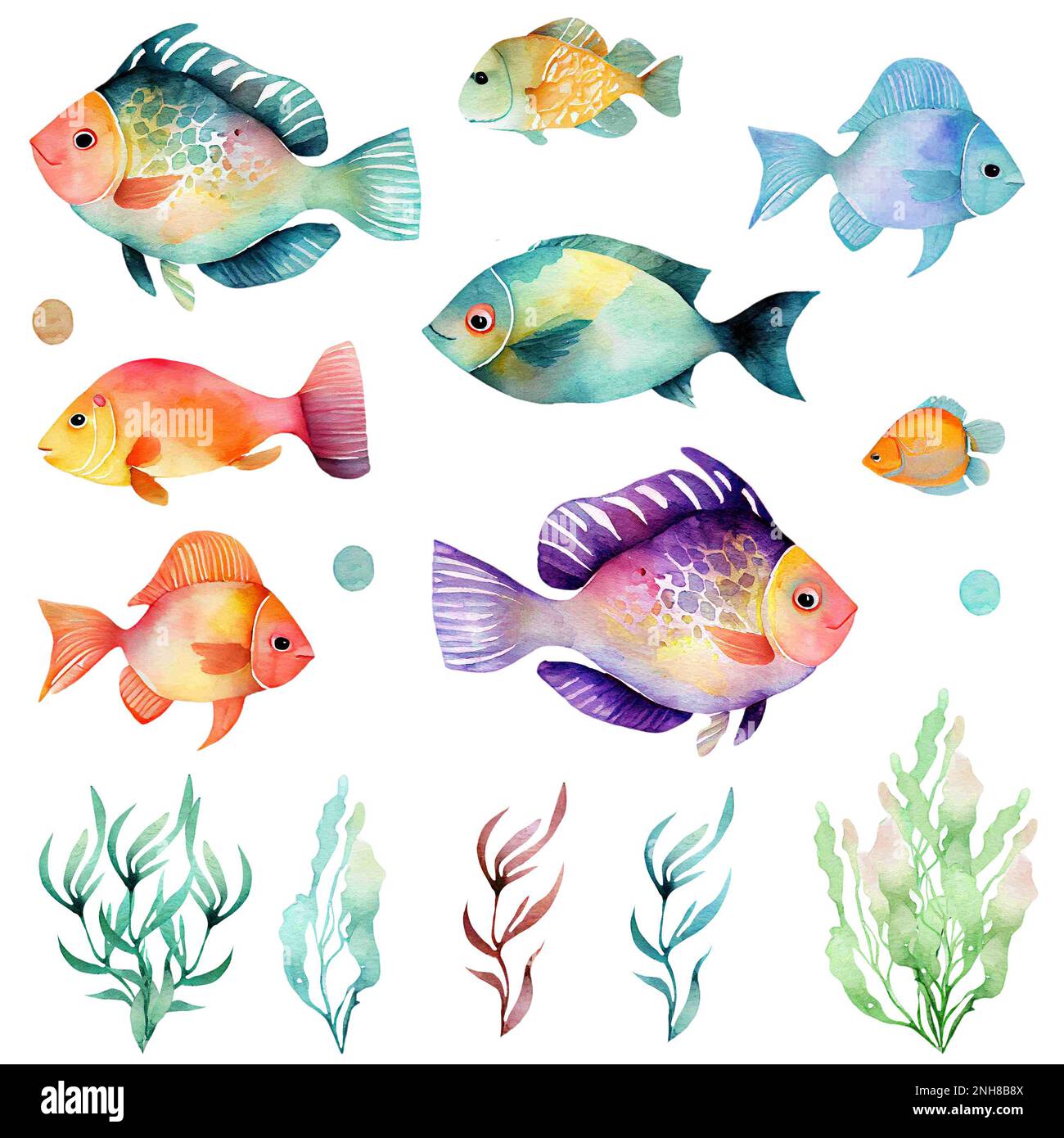 Watercolor fishes set . Flame angelfish, Copperband Butterflyfish ...