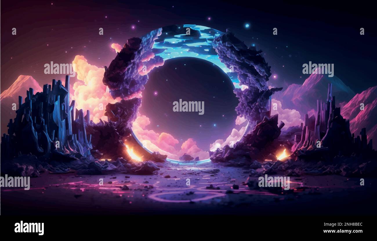 Abstract background with round portal, neon light, virtual reality ...