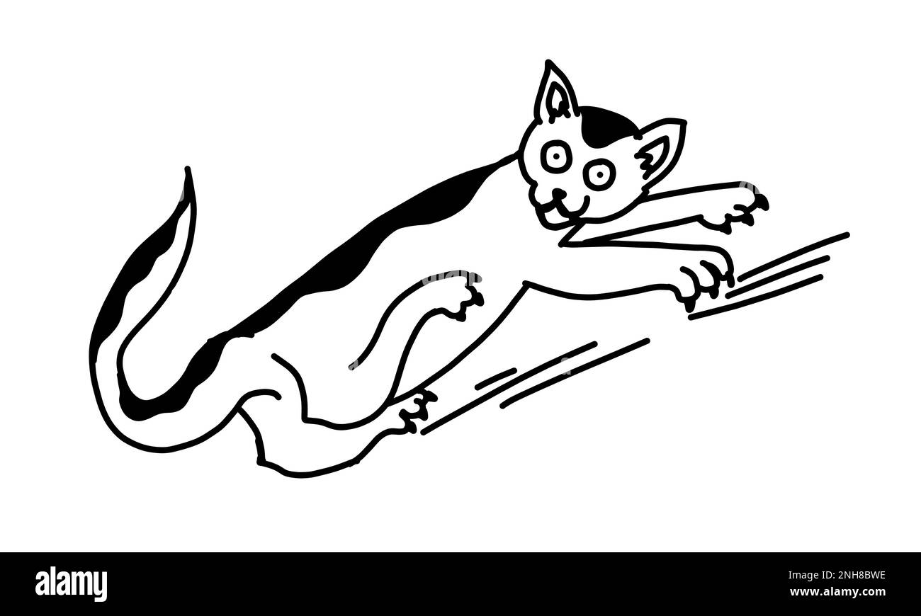 Funny cat falling in outline doodle style. Vector illustration in ...