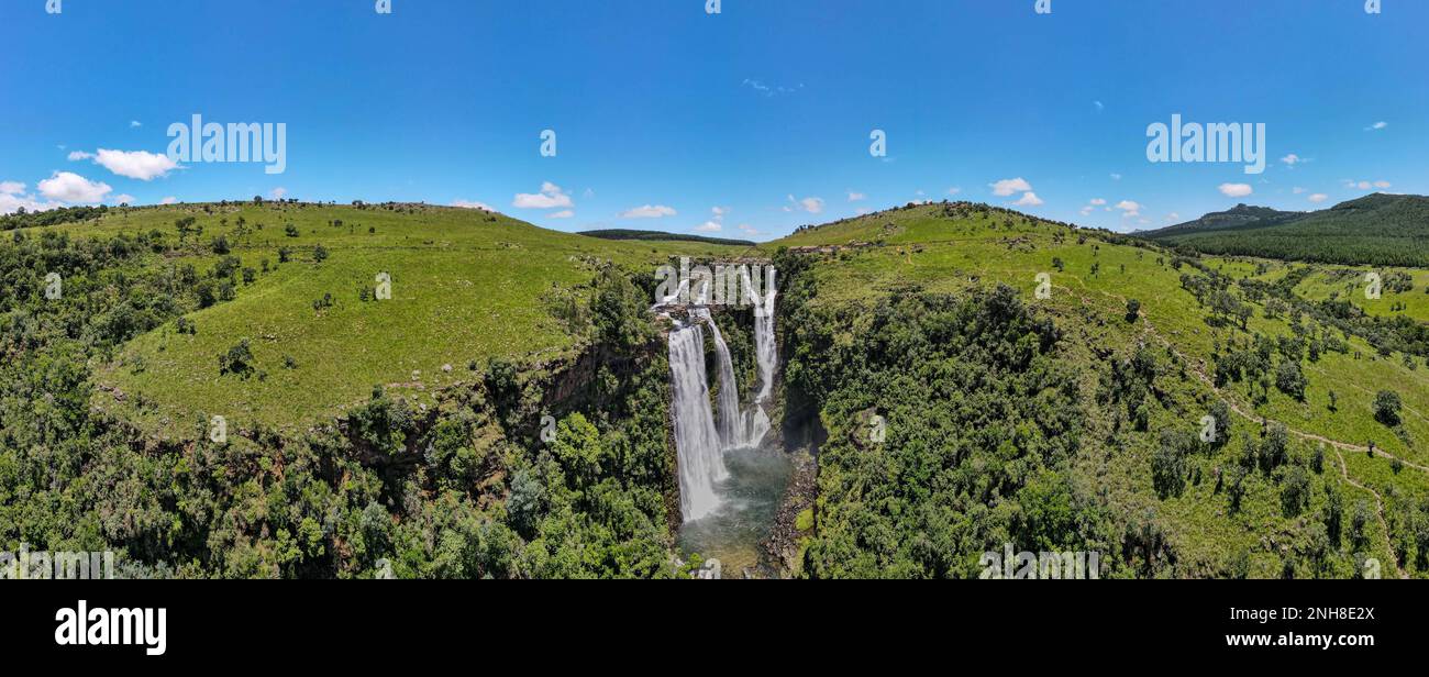 Drone view at Lisbon waterfall near Graskop on South Africa Stock Photo ...