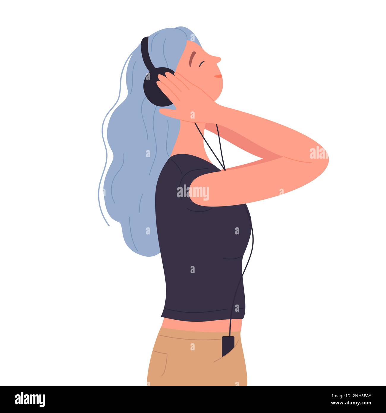 Girl enjoying favourite music. Songs playlist in headphones vector ...