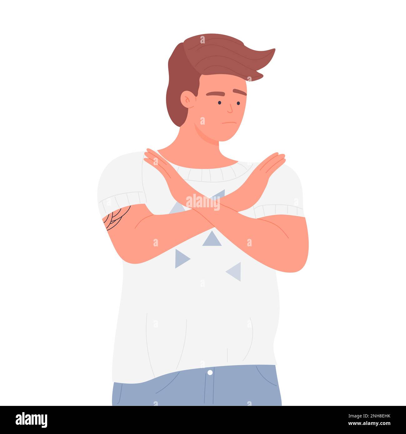 Man shows stop warning hands sign. Crossed arms rejection, saying no ...