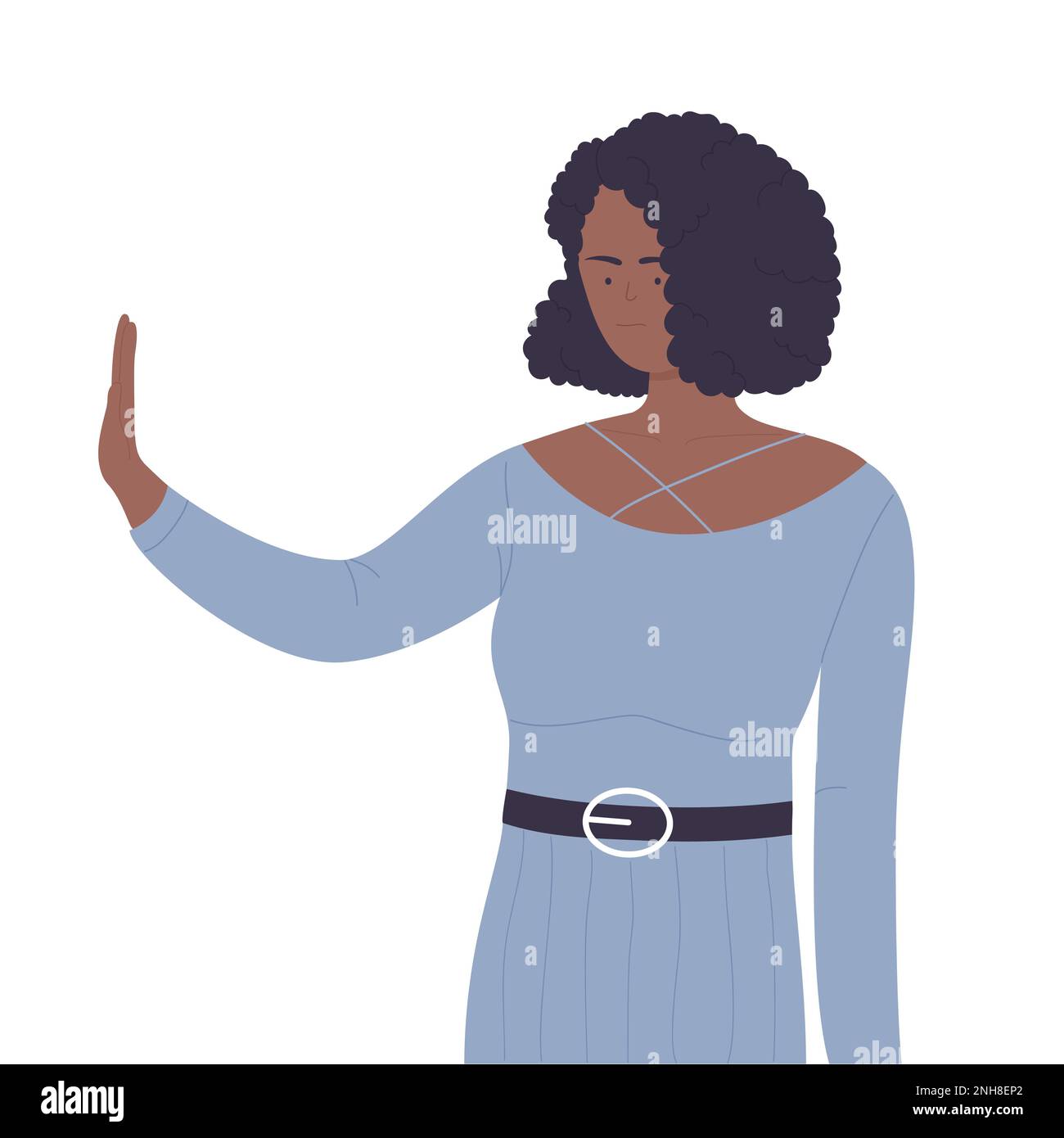 Woman showing stop hand pose. Refusing reaction with palm up vector ...