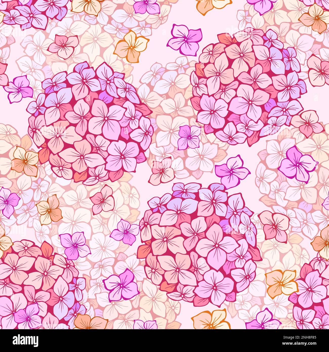 Hydrangea flower seamless pattern. Pink orange petals. Pretty vector ...