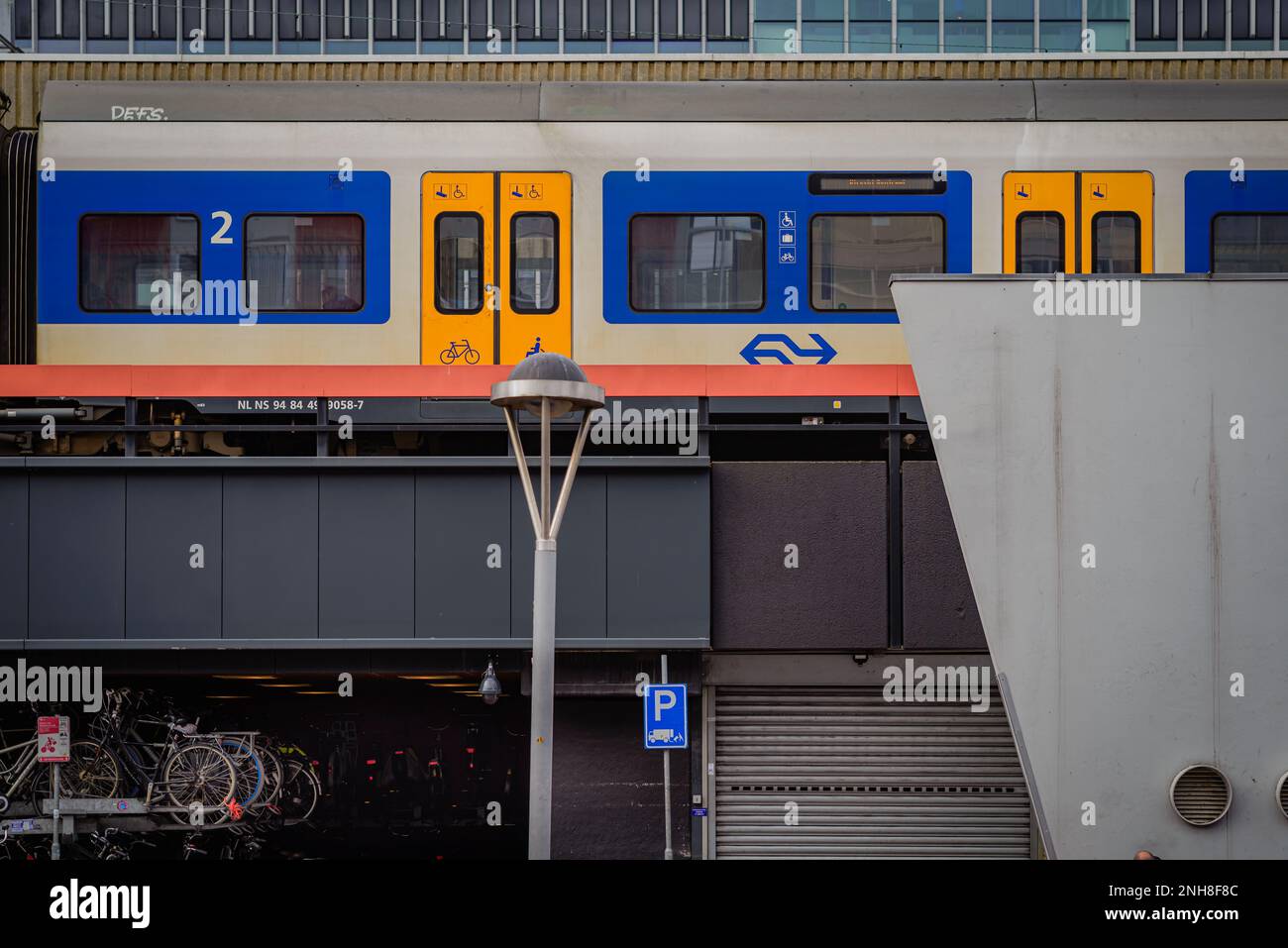 19 February 2023 Leiden, Netherlands, train is waiting for the ...
