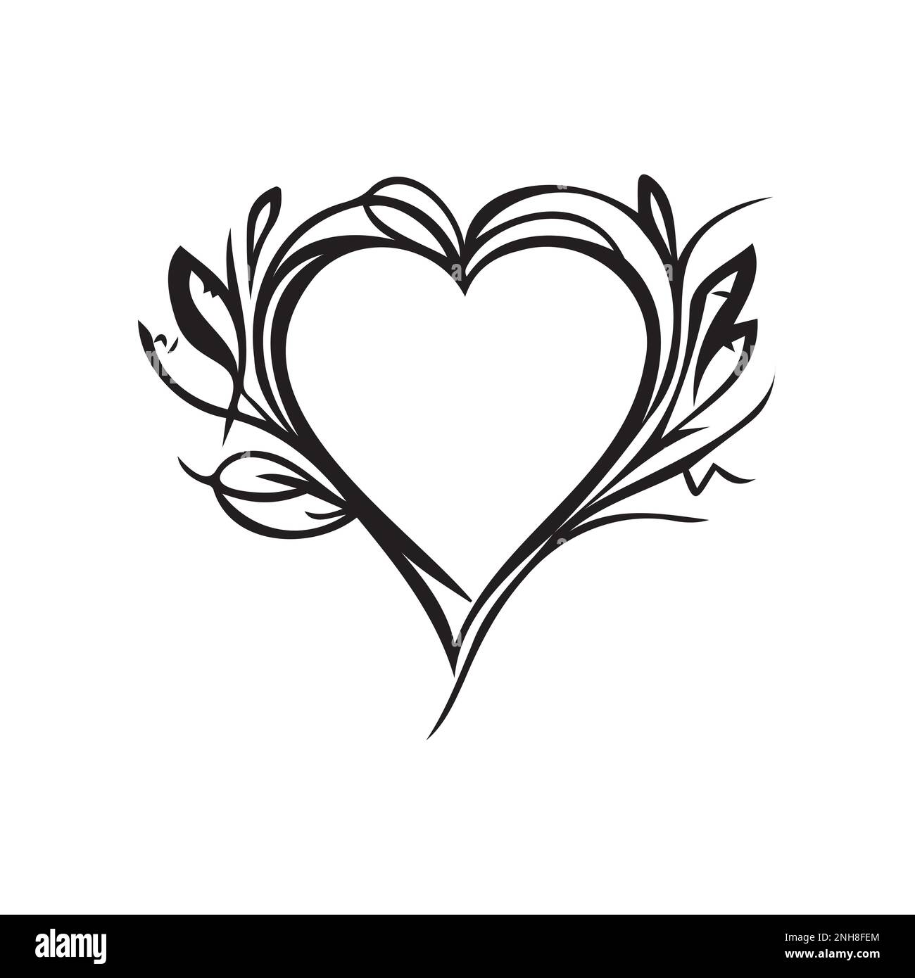 Decoration heart design with floral wreath. Line art hand drawn heart ...