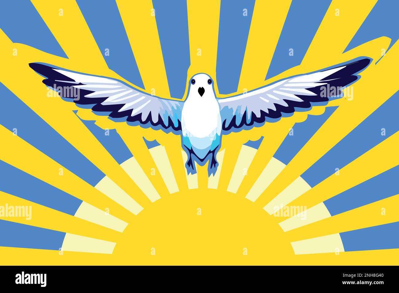 Flying bird, dove as a symbol of peace. Yellow sun and blue sky ...