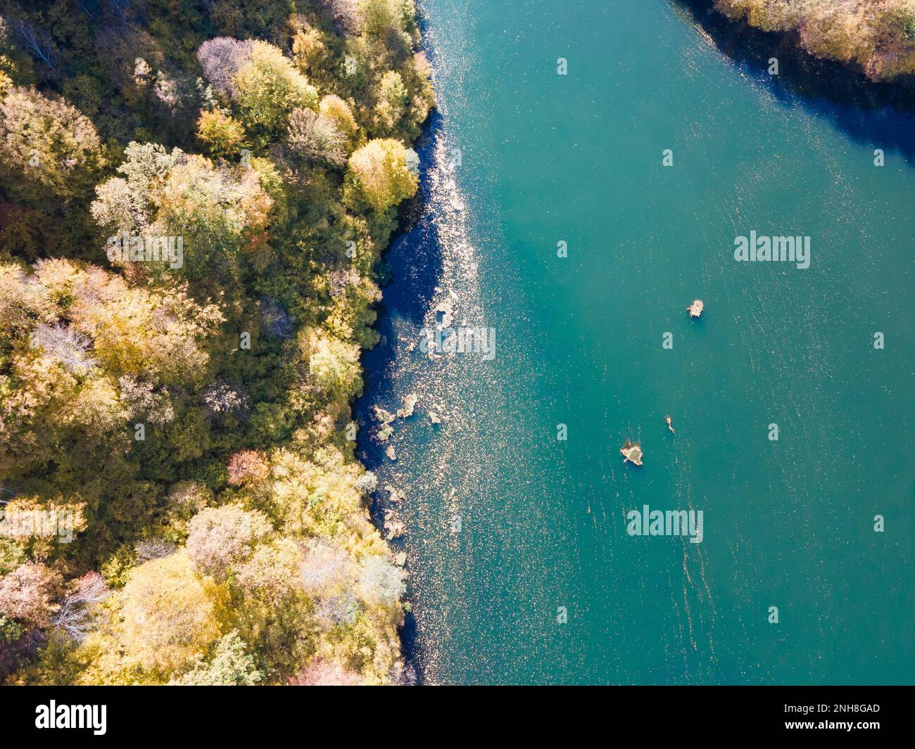 Aerial Autumn view of Pasarel reservoir, Sofia city Region, Bulgaria ...