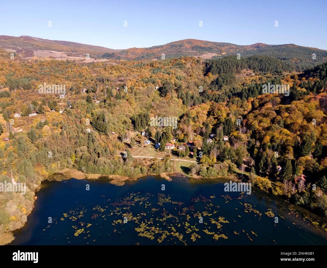 Aerial Autumn view of Pasarel reservoir, Sofia city Region, Bulgaria ...