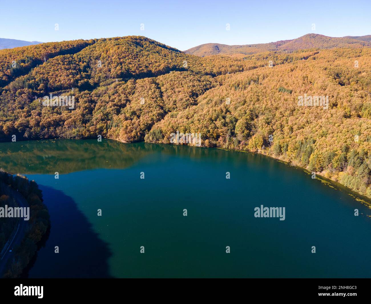 Aerial Autumn view of Pasarel reservoir, Sofia city Region, Bulgaria ...