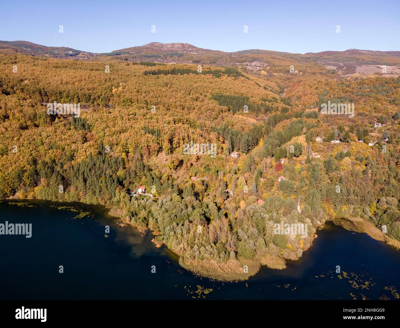 Aerial Autumn view of Pasarel reservoir, Sofia city Region, Bulgaria ...