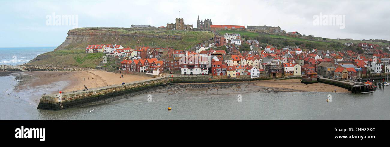 Panoramic image of Whitby harbour looking across to the Abbey and Abbey ...