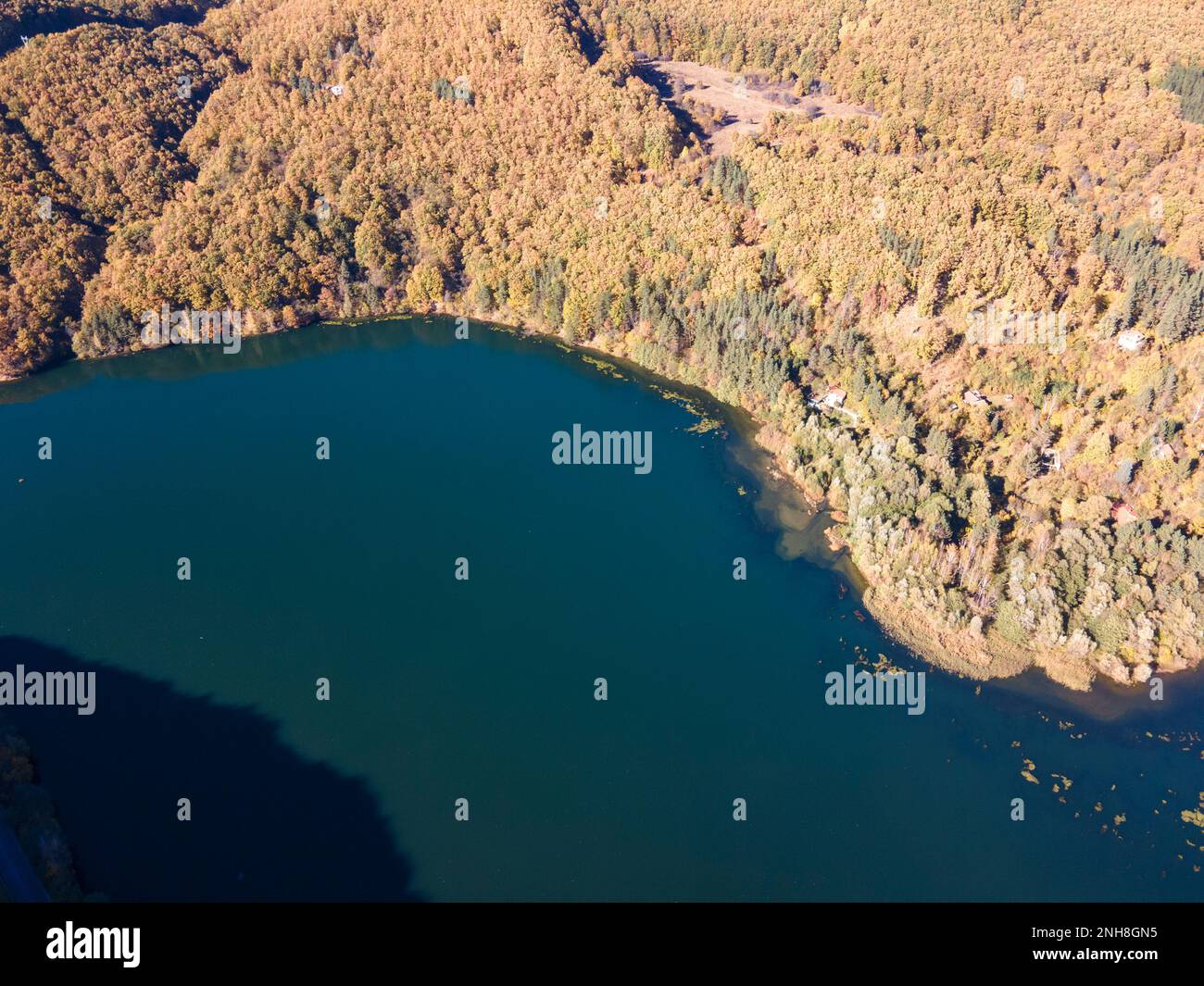 Aerial Autumn view of Pasarel reservoir, Sofia city Region, Bulgaria ...