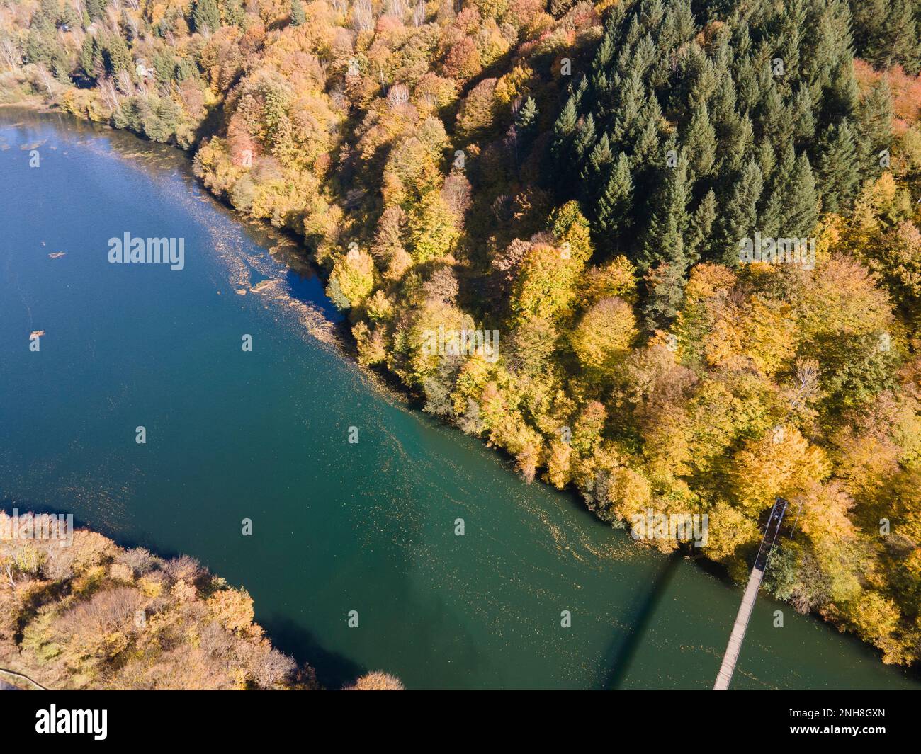 Aerial Autumn view of Pasarel reservoir, Sofia city Region, Bulgaria ...